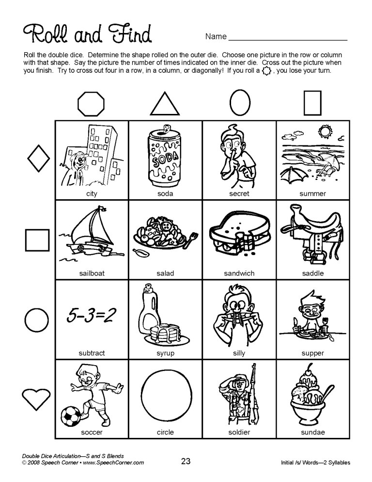 Double Dice Articulation /s/ and /s/ Blends - Speech Corner