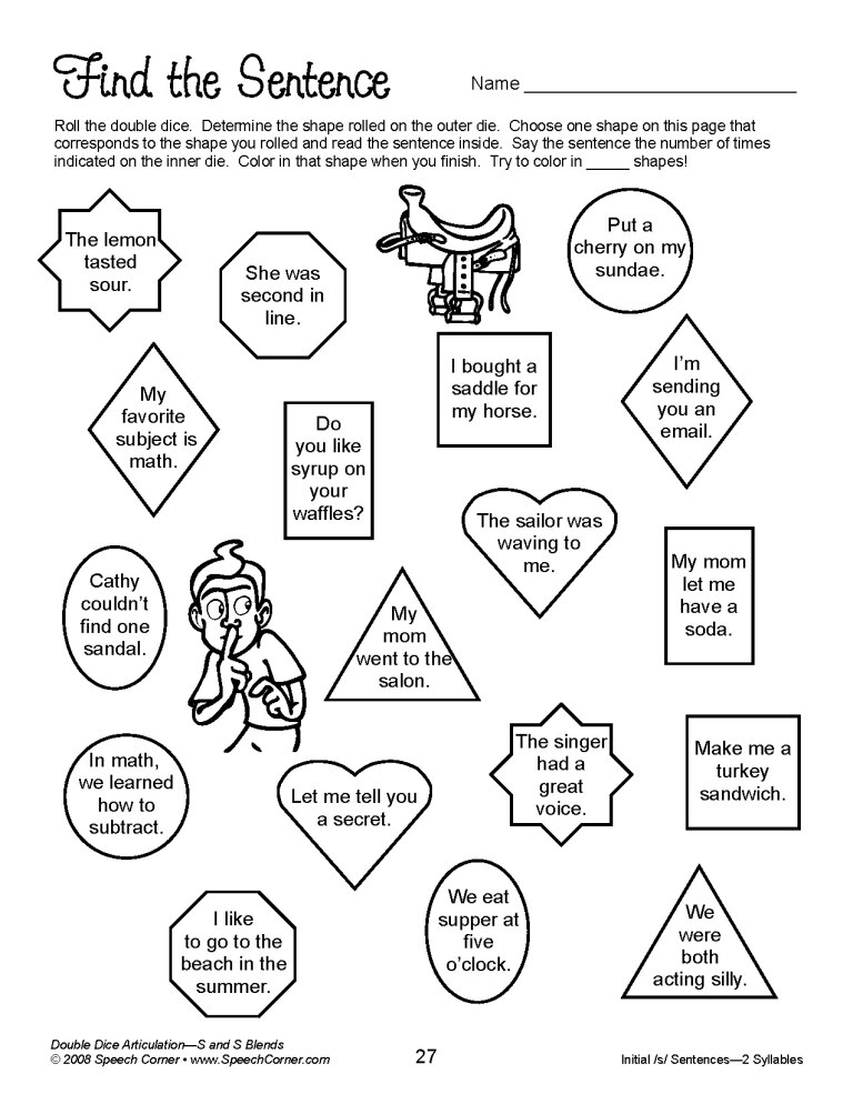 Double Dice Articulation /s/ and /s/ Blends - Speech Corner