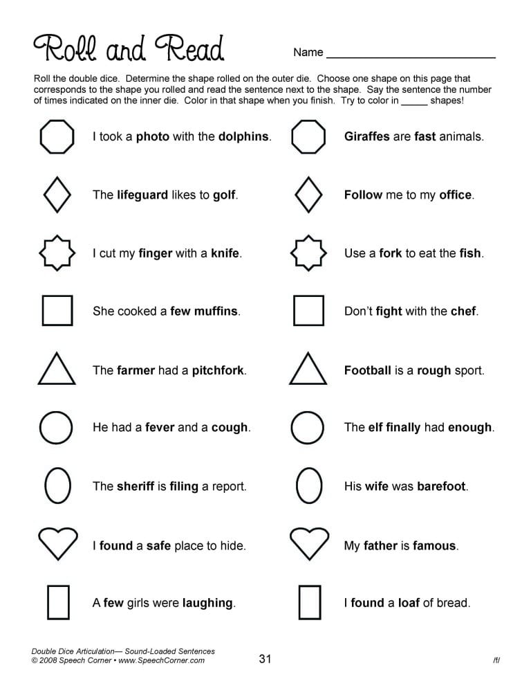 Double Dice Articulation - Sound Loaded Sentences - Speech Corner