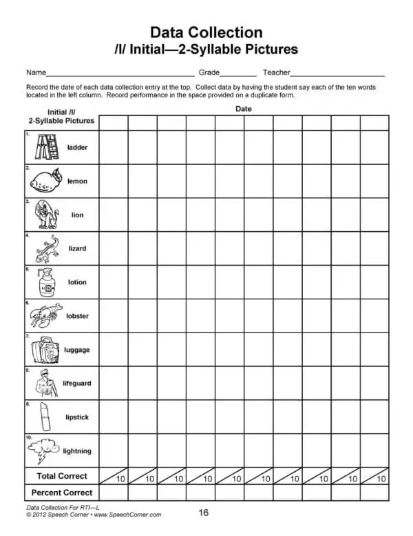 Data Collection For Articulation - L Workbook - Speech Corner