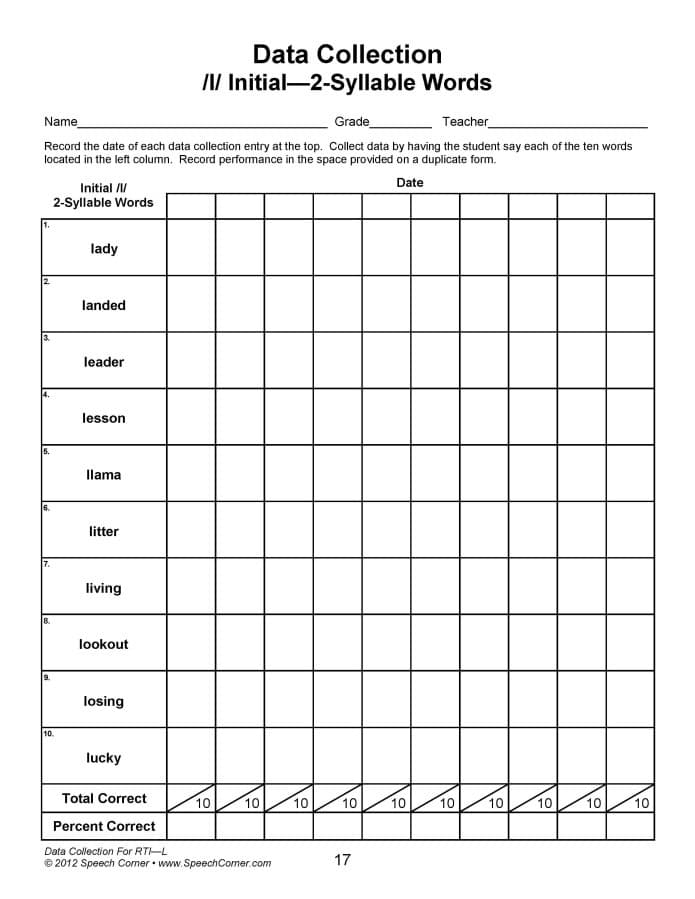 Data Collection For Articulation - L Workbook - Speech Corner