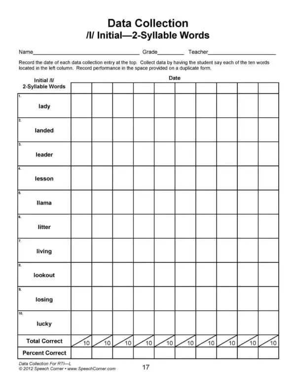 Data Collection For Articulation - L Workbook - Speech Corner
