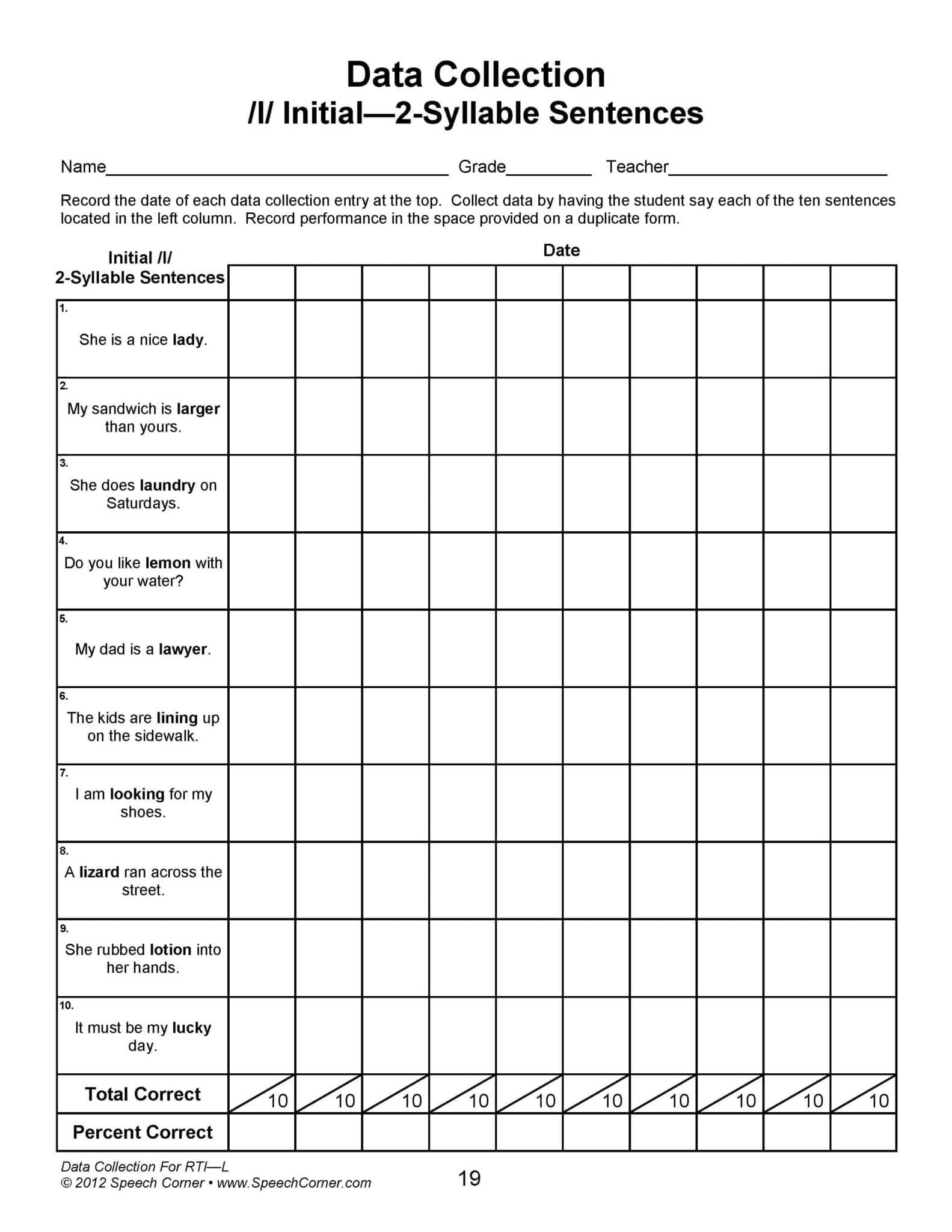 Data Collection For Articulation - L Workbook - Speech Corner