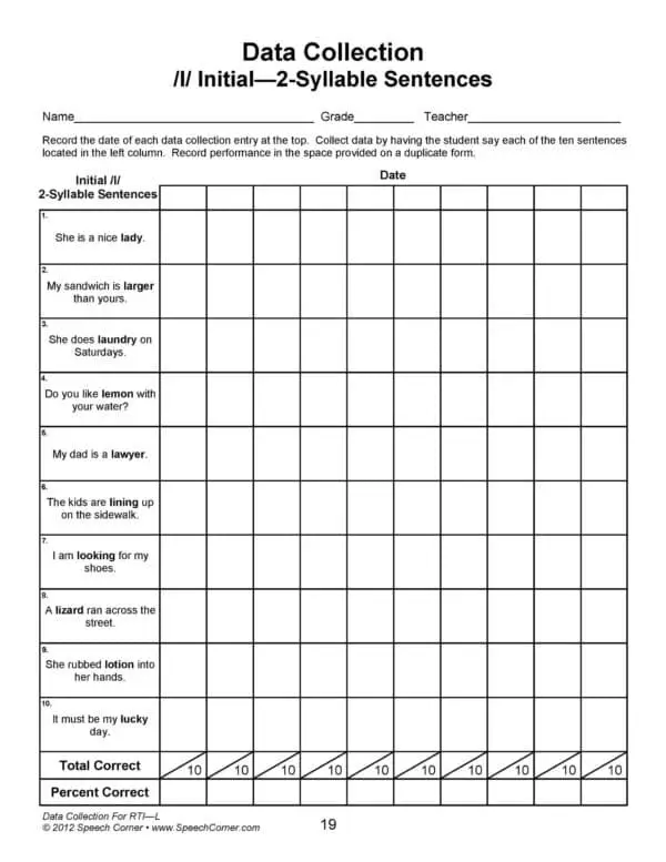 Data Collection For Articulation - L Workbook - Speech Corner