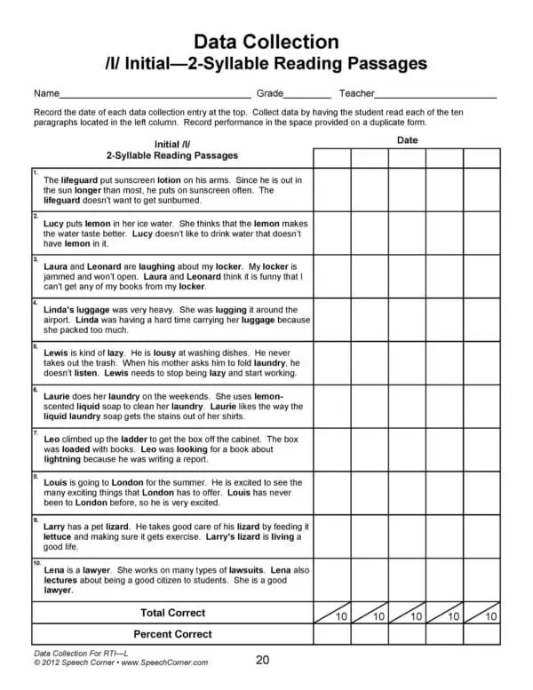 Data Collection For Articulation - L Workbook - Speech Corner