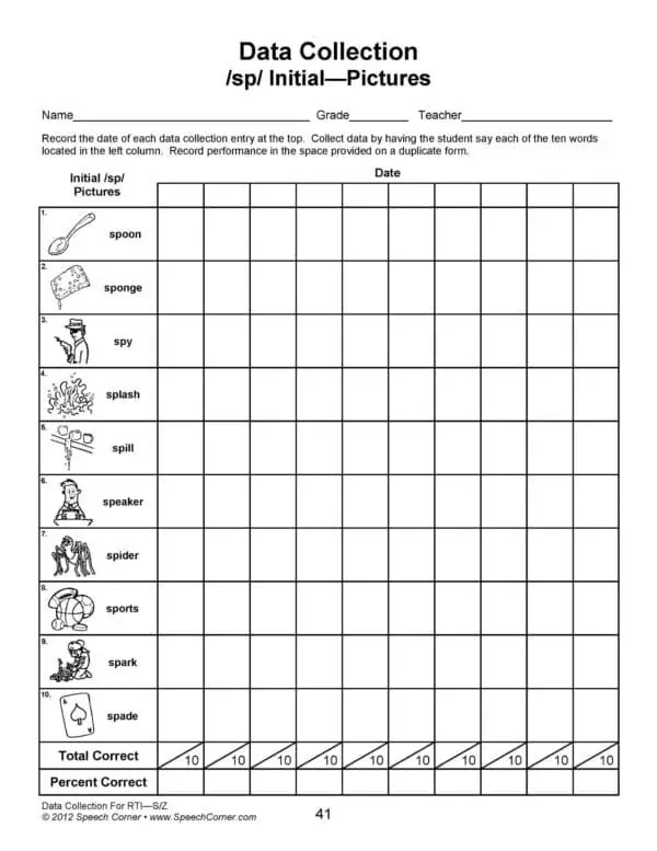 Data Collection For Articulation - S/Z Workbook - Speech Corner