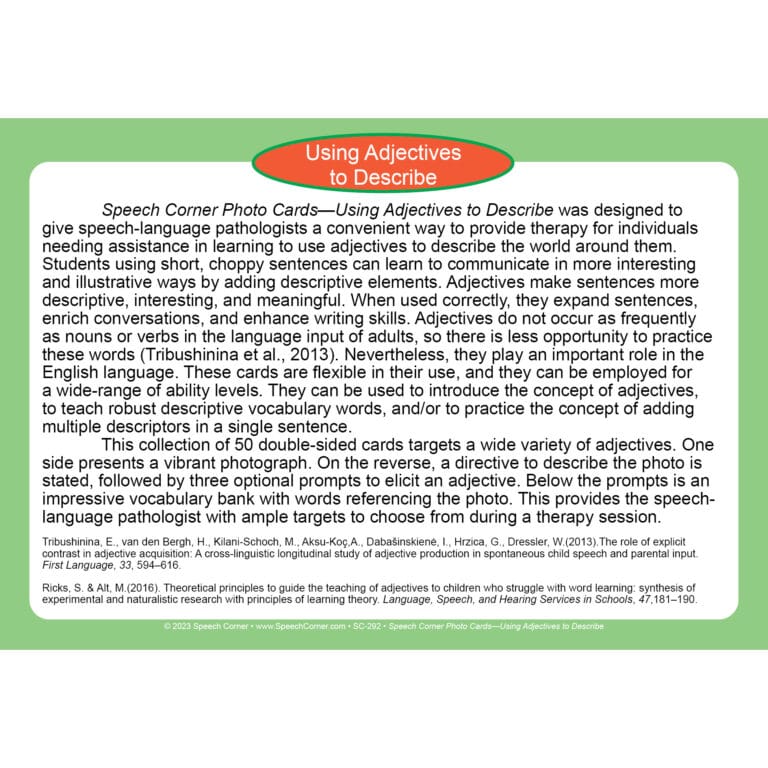 Using Adjectives to Describe - Speech Corner Photo Cards - Speech Corner