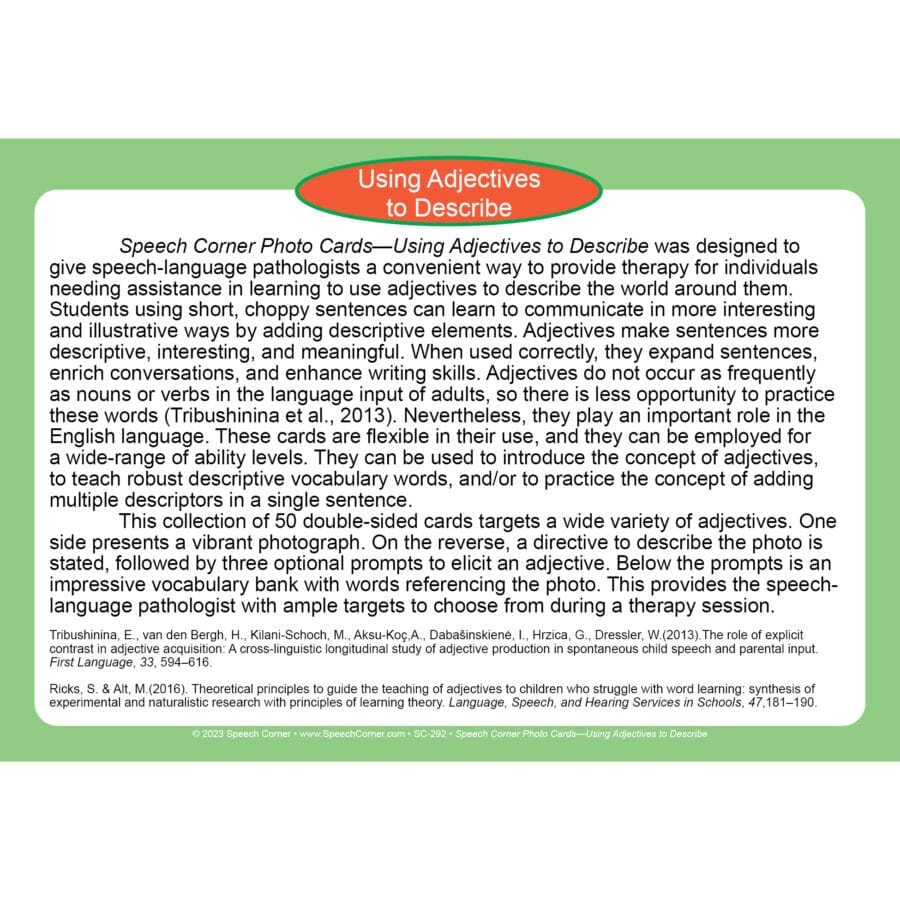 Using Adjectives to Describe - Speech Corner Photo Cards - Speech Corner