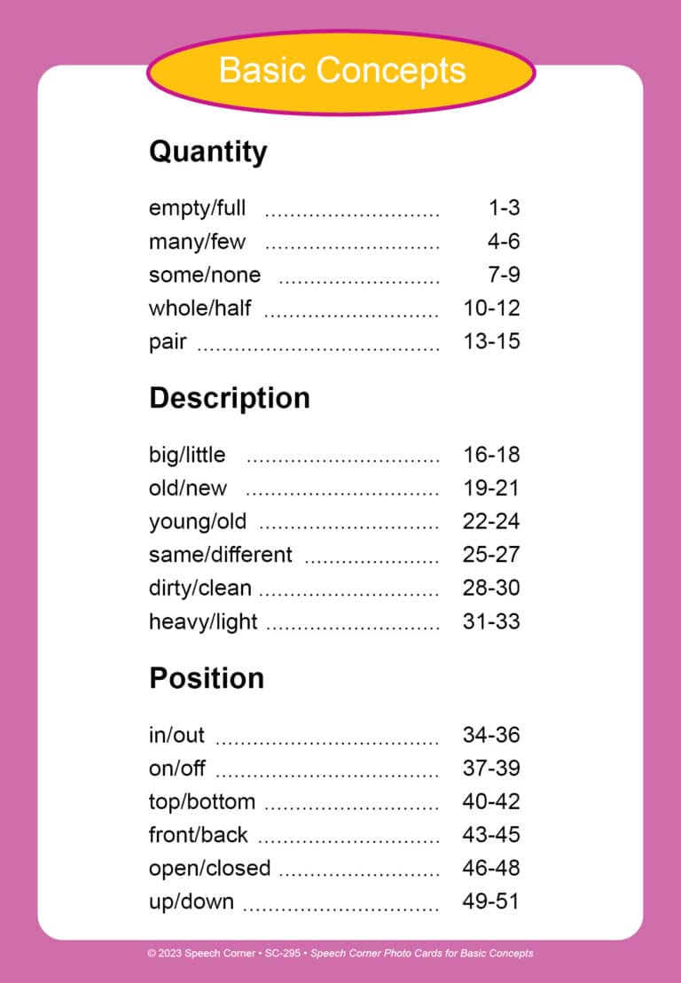 Basic Concepts - Speech Corner Photo Cards - Speech Corner