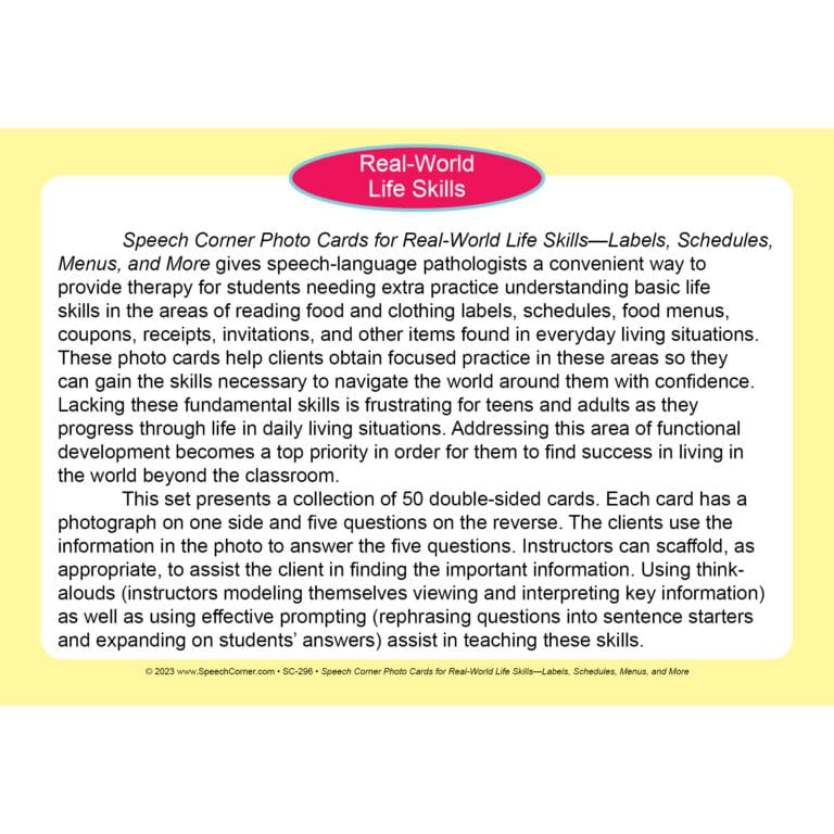 Real-World Life Skills - Speech Corner Photo Cards - Speech Corner