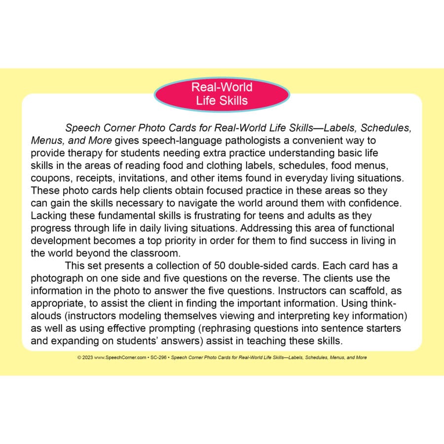 Real-World Life Skills - Speech Corner Photo Cards - Speech Corner