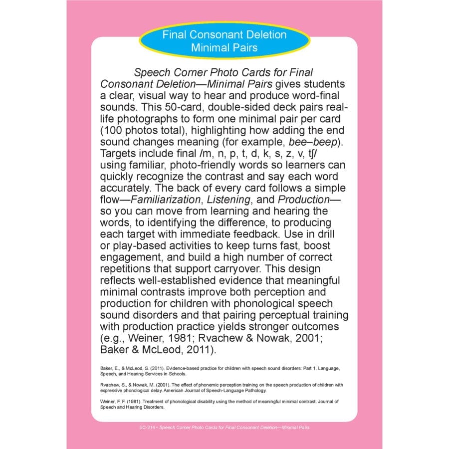 Speech Corner Photo Cards for Final Consonant Deletion - Minimal Pairs ...