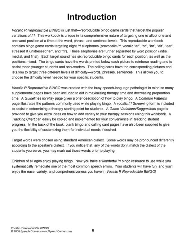 Vocalic R Reproducible Bingo - Speech Corner