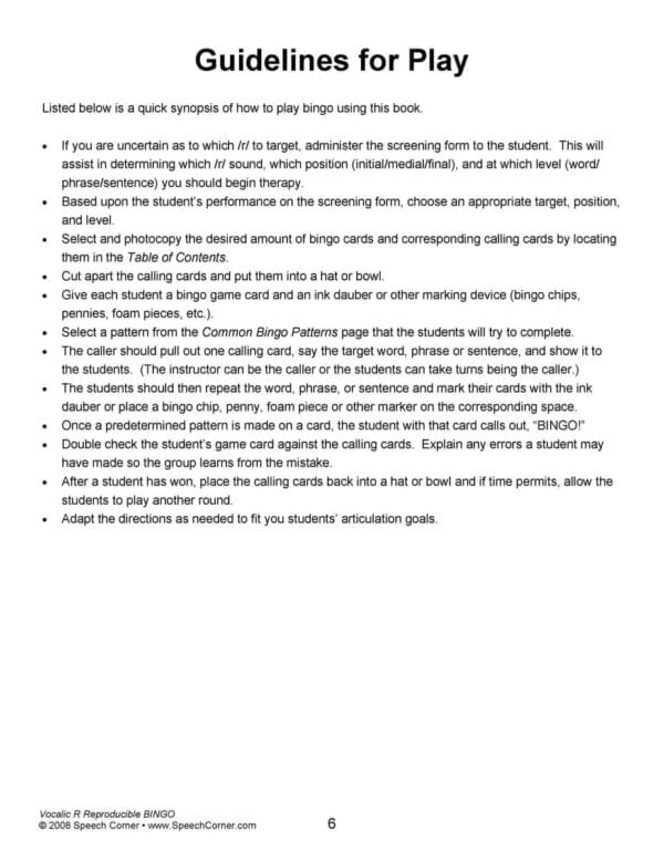 Vocalic R Reproducible Bingo - Speech Corner